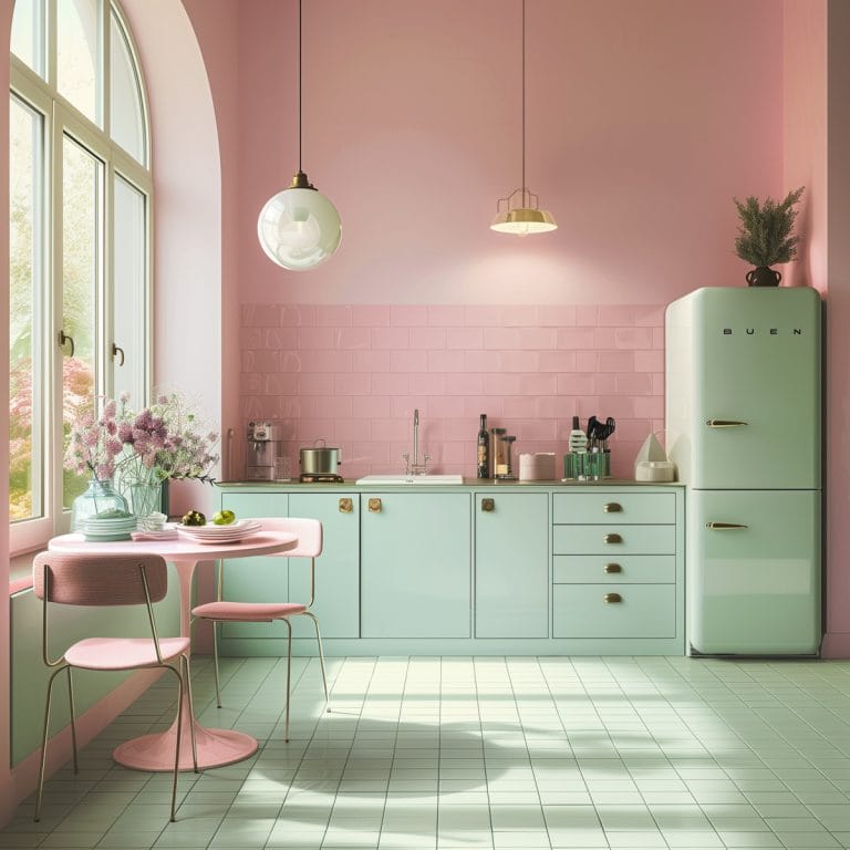 30+ Beautiful Pastel Dream Retro Pink Kitchen Ideas - Living Chic