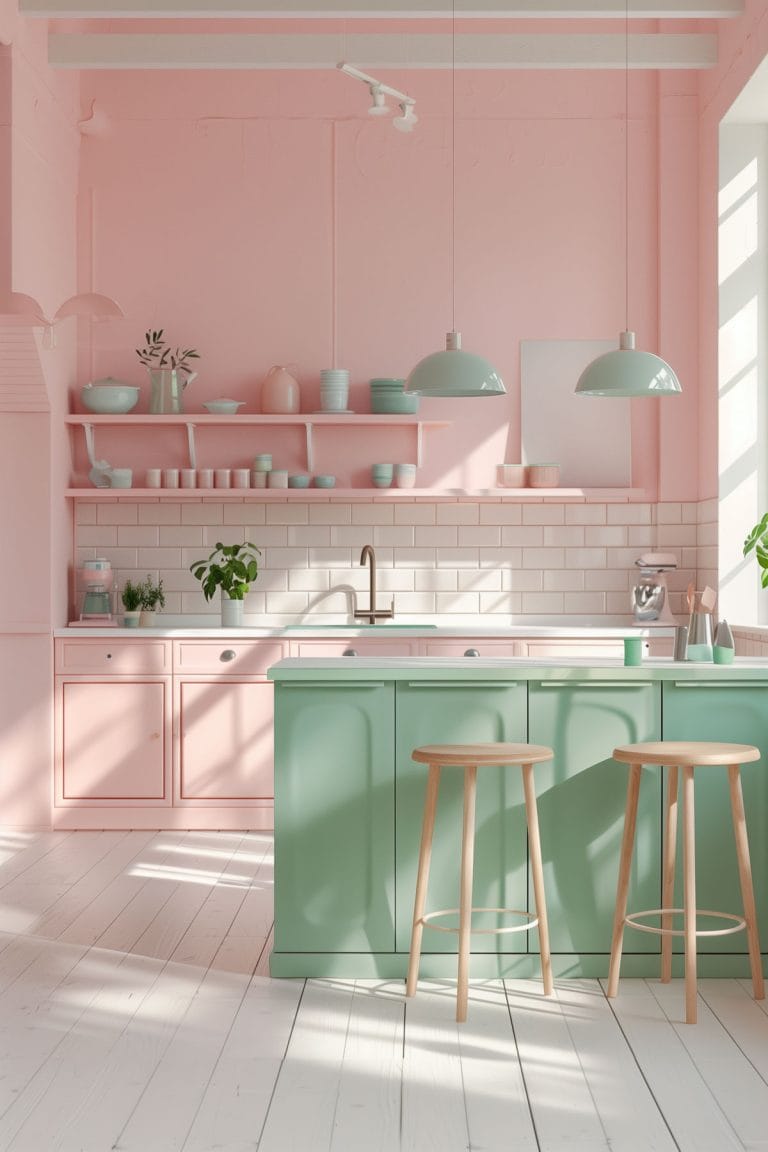 30+ Beautiful Pastel Dream Retro Pink Kitchen Ideas - Living Chic