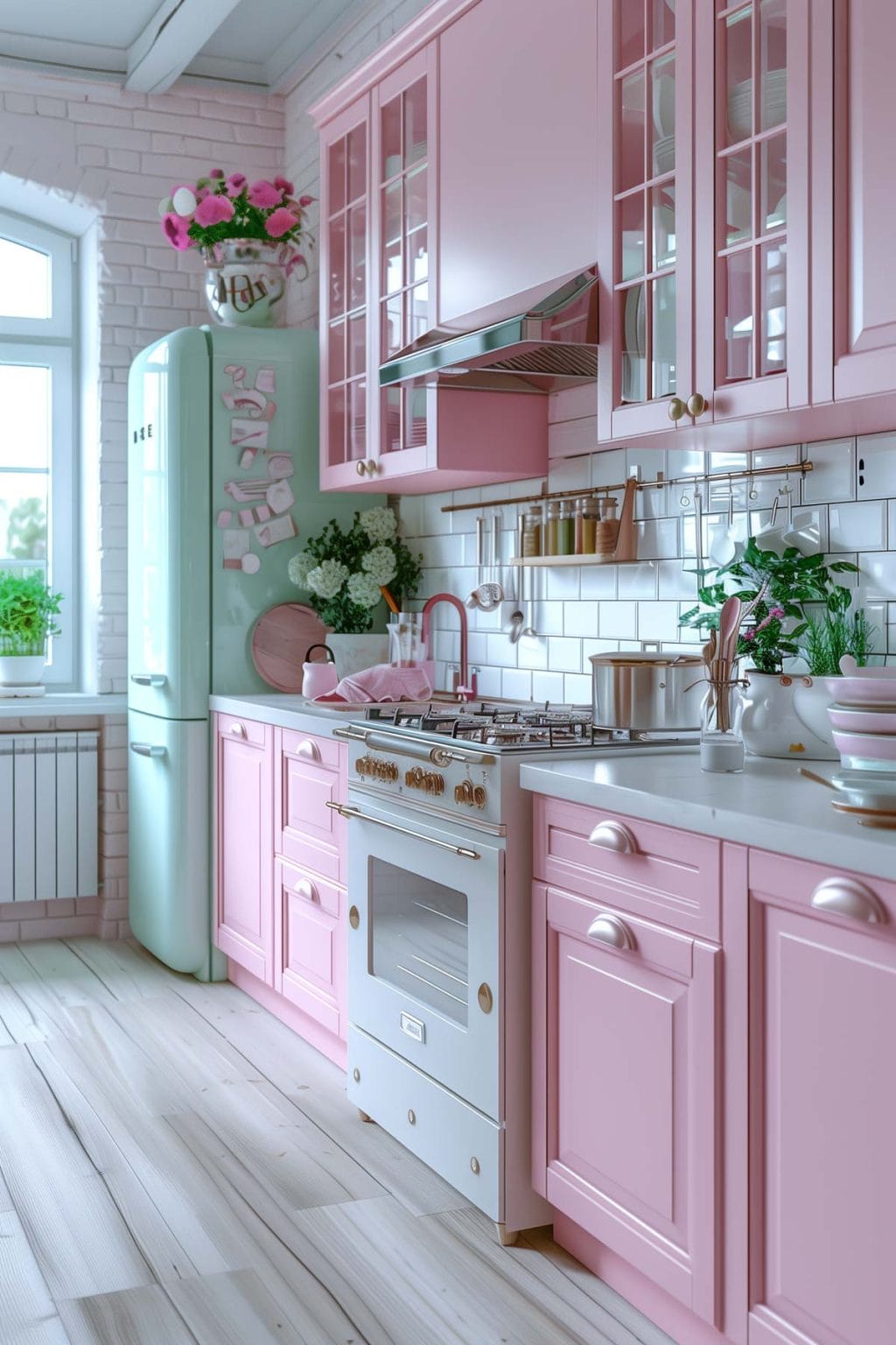 30+ Beautiful Pastel Dream Retro Pink Kitchen Ideas - Living Chic